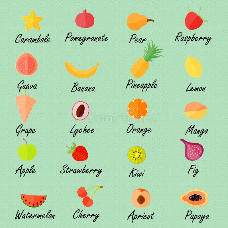 Set Of Fruits With Names On A White Background Stock Vector ...