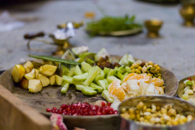 Various Fruits and Vegetables are Kept Together in Brass Plates for ... Various Fruits and Vegetables are Kept Together in Brass Plates for ...
