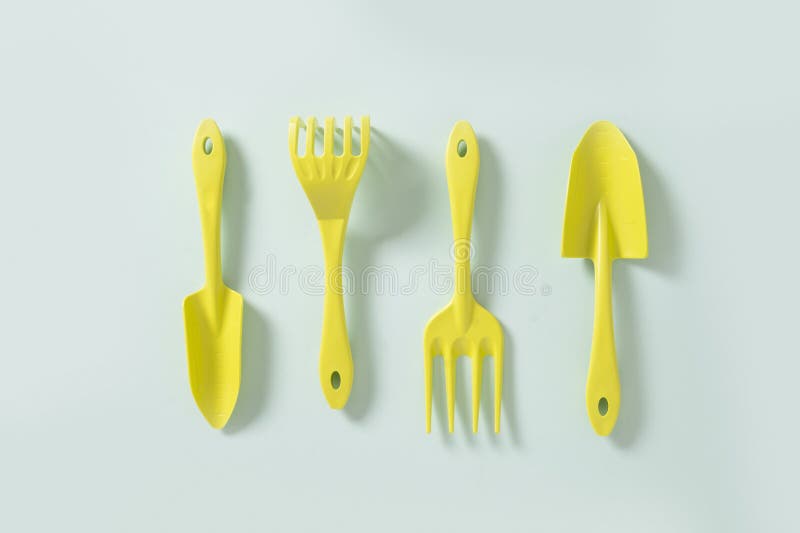 Various Gardening Hand Tools on Blue Background. Top View. Stock Image ...