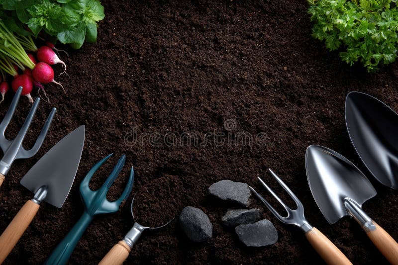 Various Gardening Tools are Arranged Around Rich, Dark Soil, Creating ...
