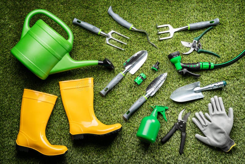 Various Gardening Tools Laying on Grass Stock Image - Image of botany ...