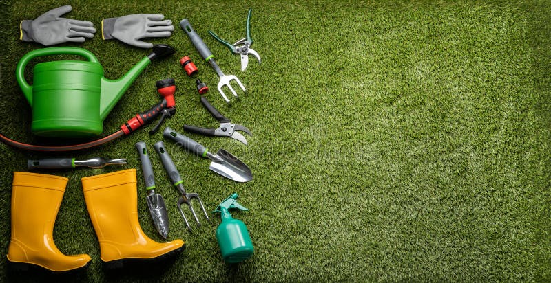 Various Gardening Tools Laying on Grass Stock Image - Image of flat ...