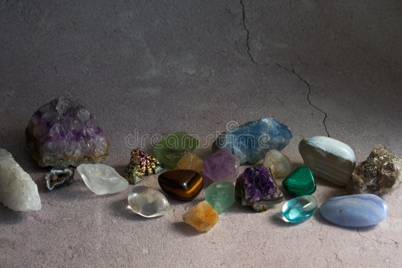 Various Gem Stones on a Gray Background Stock Image - Image of white ...