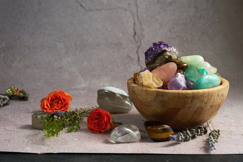 Various Gem Stones in a Wooden Bowl Stock Photo - Image of mineralogy ...
