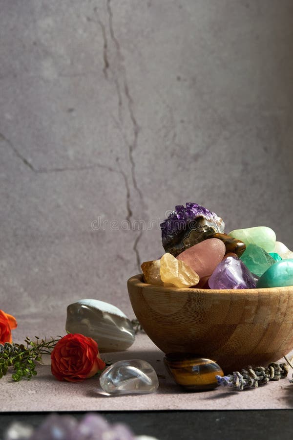 Various Gem Stones in a Wooden Bowl Stock Photo - Image of crystal ...