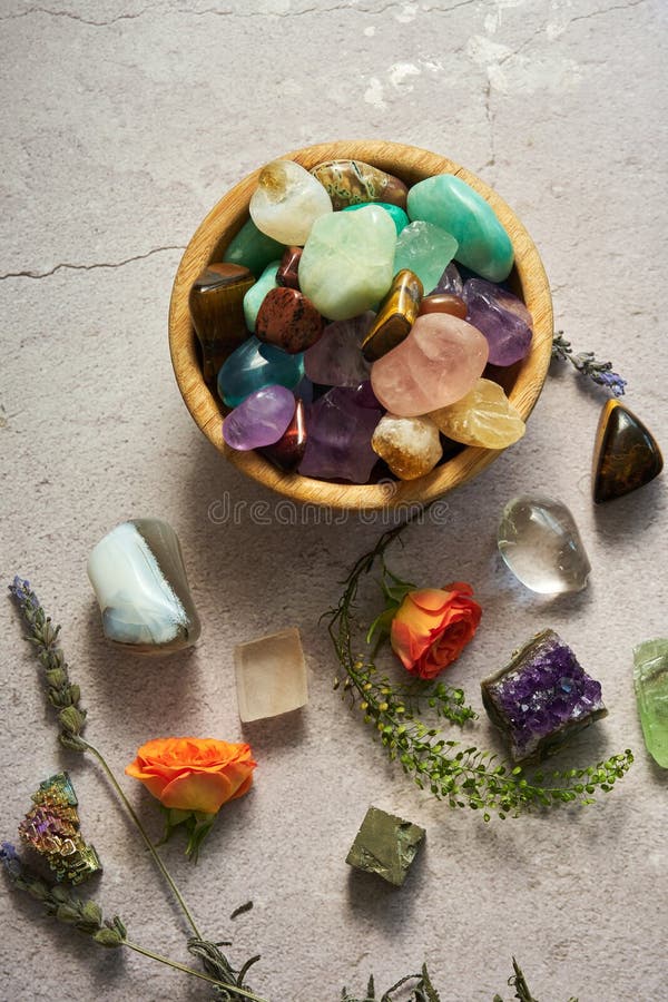 Various Gem Stones in a Wooden Bowl Stock Photo - Image of gemstone ...