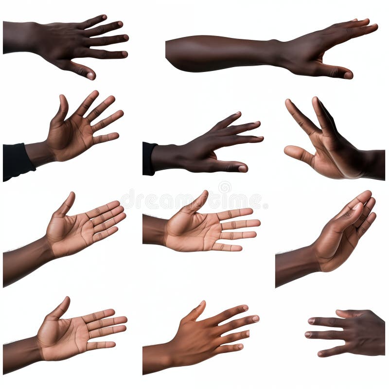 Various Gestures of Dark-Skinned Hands on White Background Stock ...