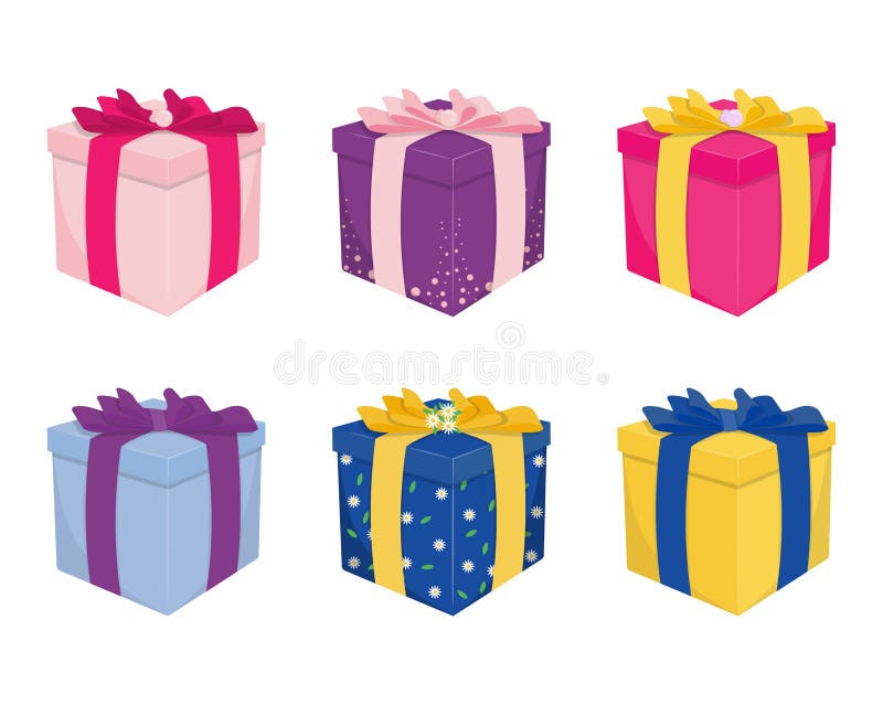 Various Gift Boxes Set. Flat Style Colorful Wrapped Cube Shape Gift ...