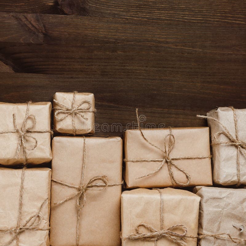 Various Gift Boxes Wrapped in Eco-friendly Craft Paper Stock Image ...