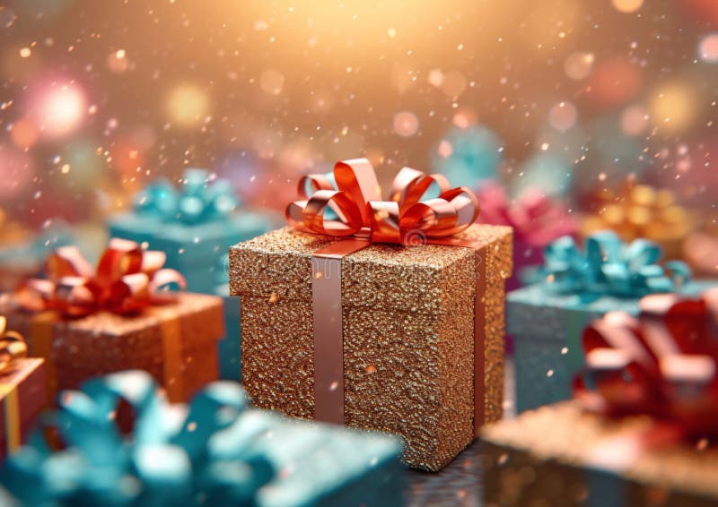 Various Gift Surprise Boxes with Glitter on Festive Party Background ...