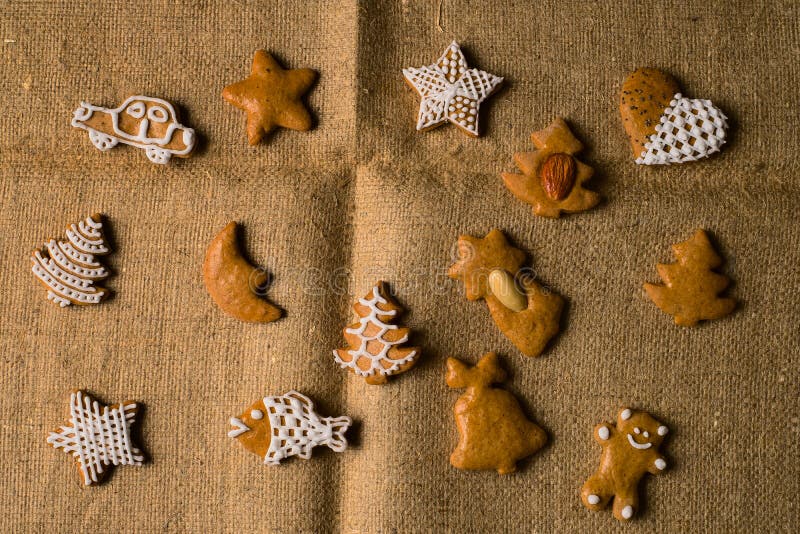 Various Gingerbread Shapes on Natural Brown Cloth Stock Image - Image ...