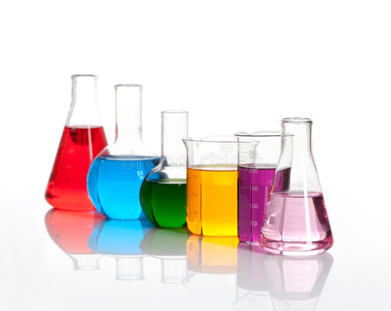 The Glass Flasks with Multi-colored Liquids at the Chemistry Lesson ...