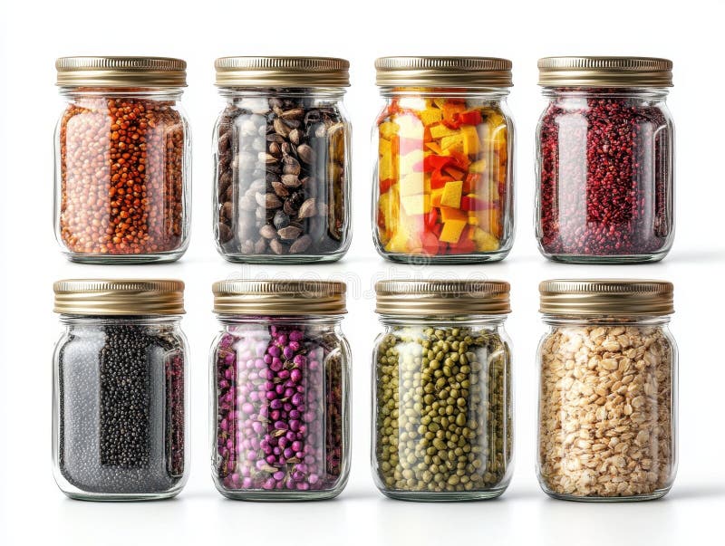 Colorful Jars Filled with Grains, Seeds, and Vegetables Organized in a ...