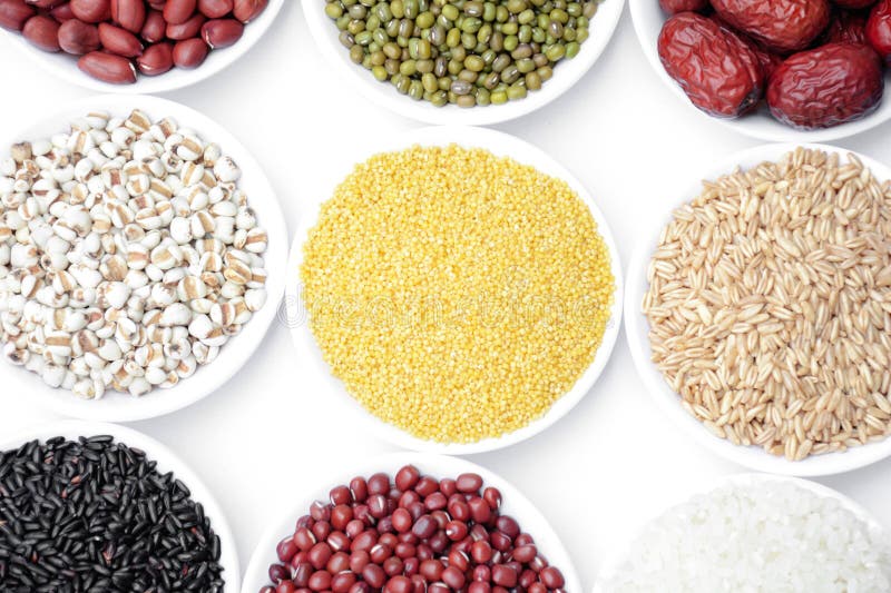 Various of Grains with White Dish on the White Background Stock Photo ...