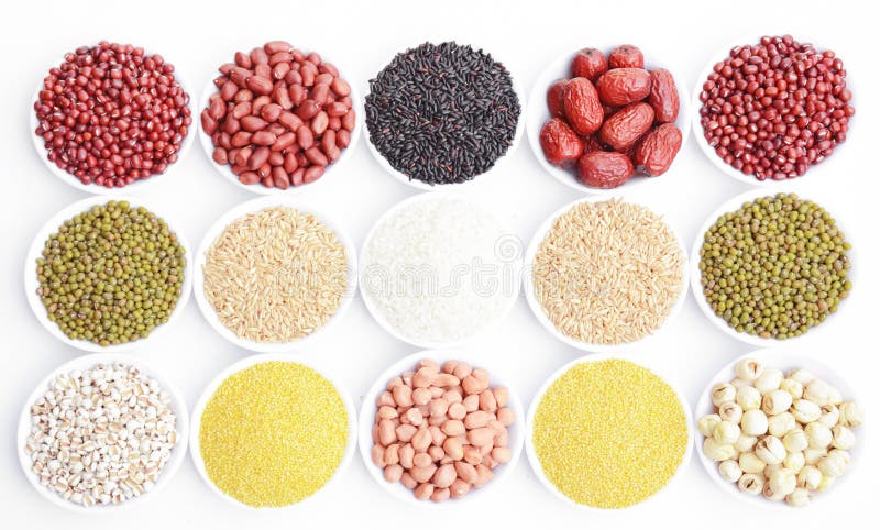 Various Grains in White Dishes on the White Background Stock Image ...