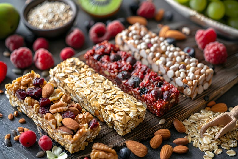 Various Granola Bars Featuring Different Ingredients on Table Stock ...