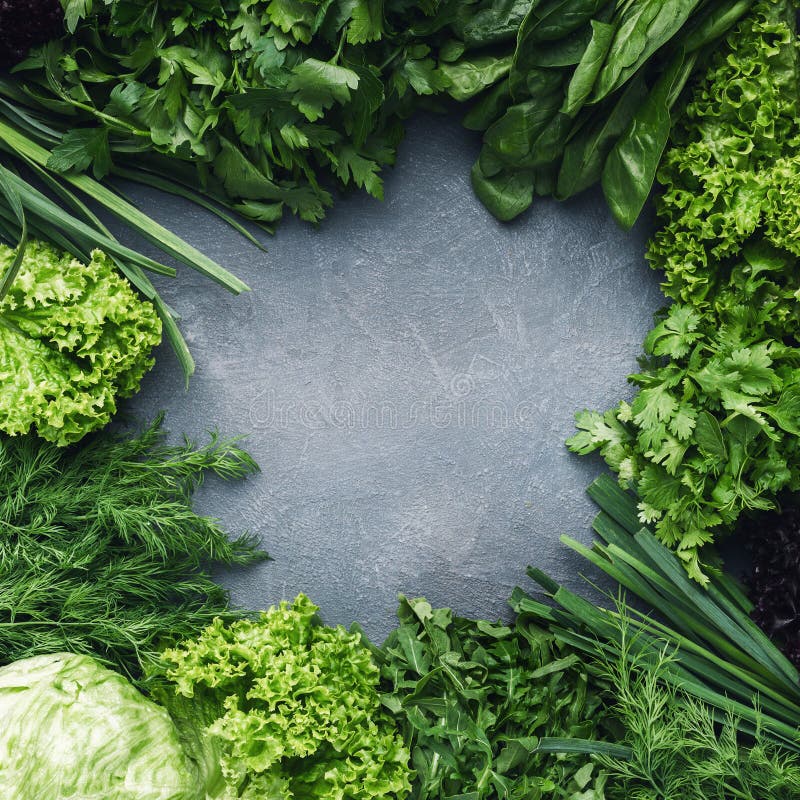 Various Greenery On Gray Background, Top View Stock Photo - Image of ...