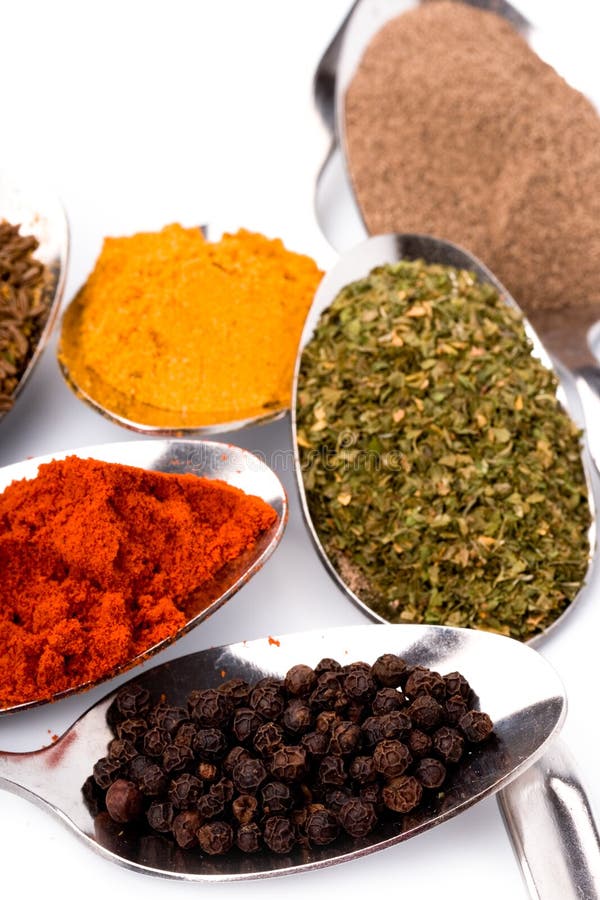 Various Spices and Herbs Over White Stock Image - Image of bowl, cook ...