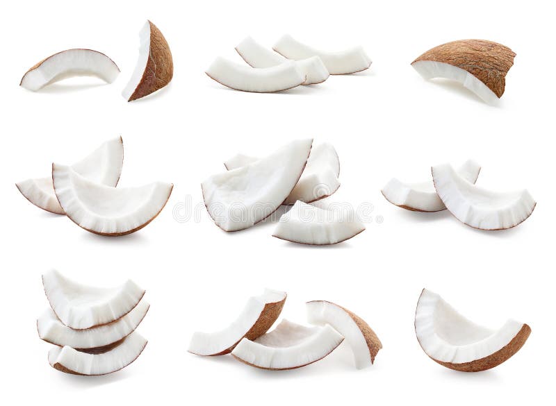 Various Groups of Fresh Coconut Pieces on White Background Stock Photo ...
