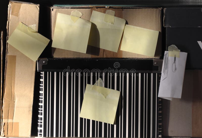 Various Grungy Cardboard Boxes with Empty, Blank Adhesive Stickers ...