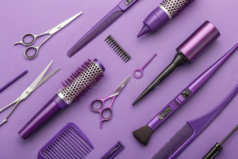 Various Hairdresser Tools in Purple Color on Purple Background ...