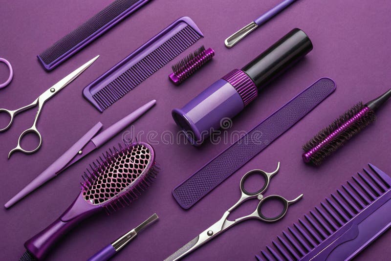Various Hairdresser Tools in Purple Color on Purple Background ...