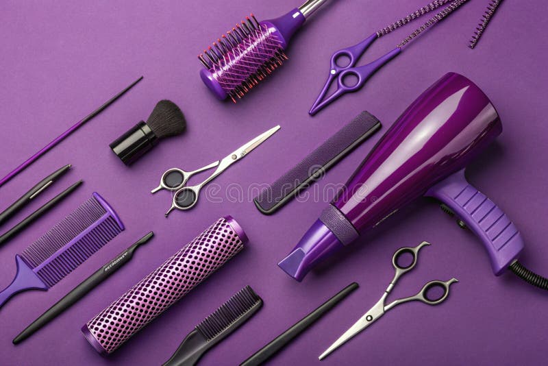 Various Hairdresser Tools in Purple Color on Purple Background ...