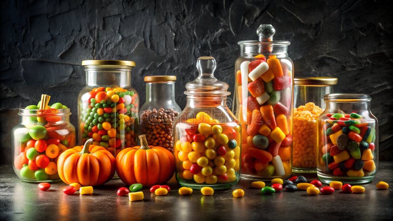 Various Halloween Candies in Clear Bottles on Black Background ...