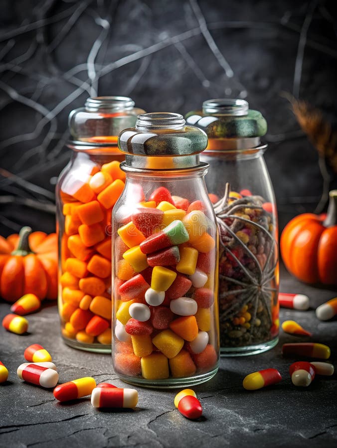 Various Halloween Candies in Clear Bottles on Black Background ...