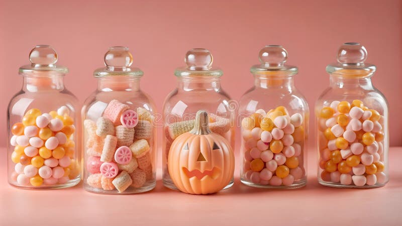 Various Halloween Candies in Clear Bottles on Pink Background ...
