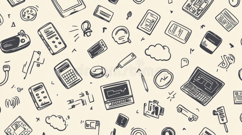 Various Hand-drawn Technology Doodles Showcase Items Like Computers ...