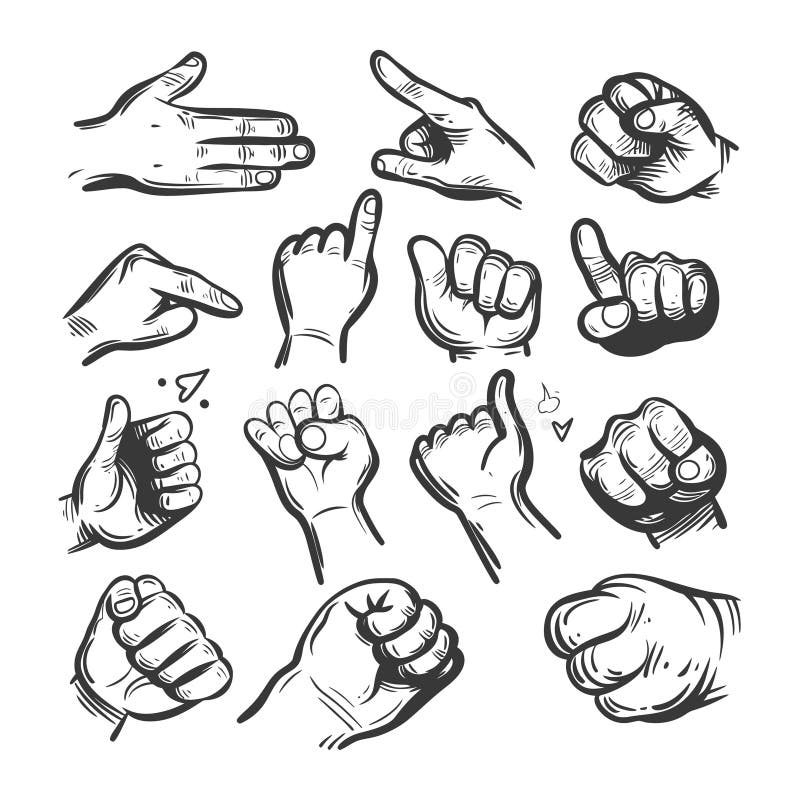 Collection of Hand Gestures: Sketch Style Illustrations Stock ...
