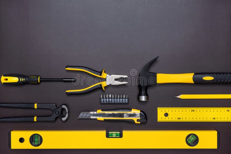 Set of Hand Tools on a Dark Background Stock Photo - Image of building ...