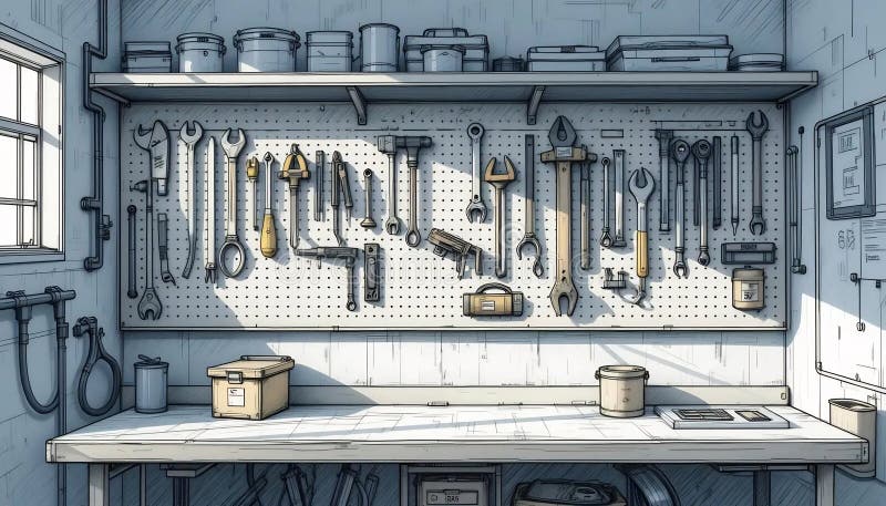 Tools Hanging in Workshop with Workbench Organization Stock ...