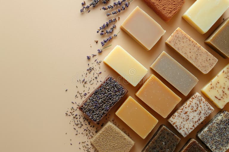 Various Handcrafted Soaps Arranged Artistically with Lavender and Herbs ...