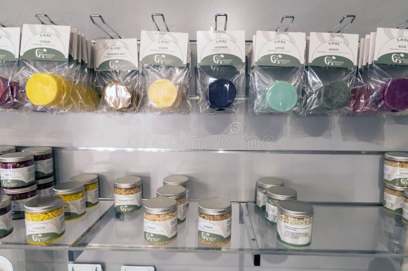 Various Handmade Soaps and Hygiene Items on Shelves in a Store ...