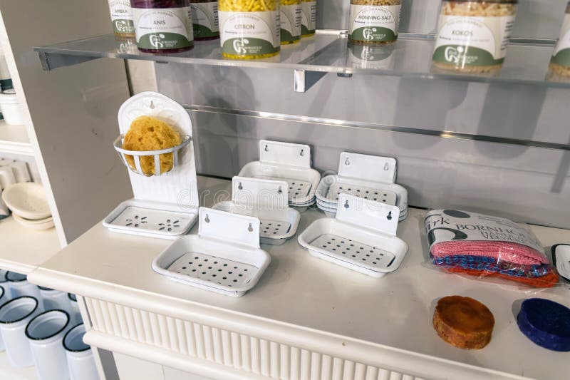 Various Handmade Soaps and Hygiene Items on Shelves in a Store ...