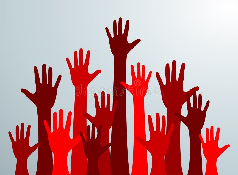 Various Hands Lifted Up in the Air. Many Red People S Hands Up. Vector ...