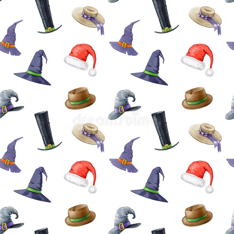 Various Hat and Cap Painted Seamless Pattern. Vintage Style ...