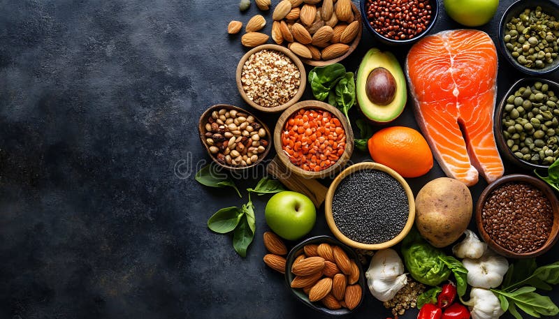 Various Healthy Food Items Arranged on a Dark Background Table Stock ...