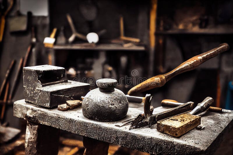 Various Heavy Tools and Objects that Lie on Anvil in Old Forge. Stock ...