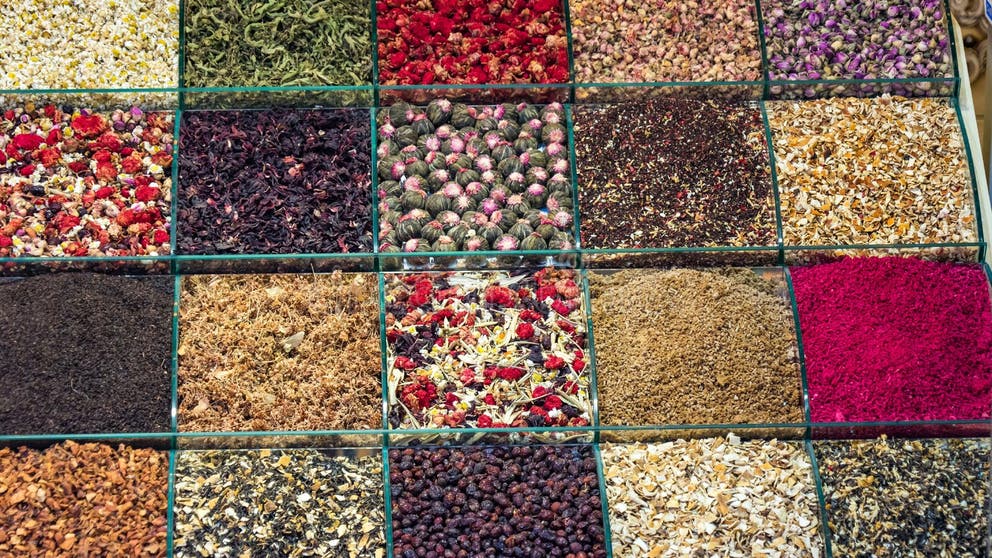 Various Herbal Tea and Fruit Teas in Turkish Spice Bazaar in Istanbul ...