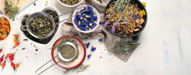 Various Herbal Tea. Top View Stock Photo - Image of lavender, heap ...