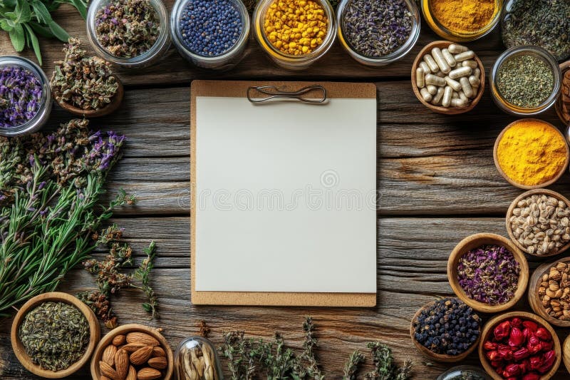 Herbs and Spices Arranged Around a Blank Notepad on a Rustic Wooden ...