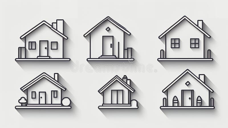Various House Icons with Black Outlines and Shadows on a Light ...