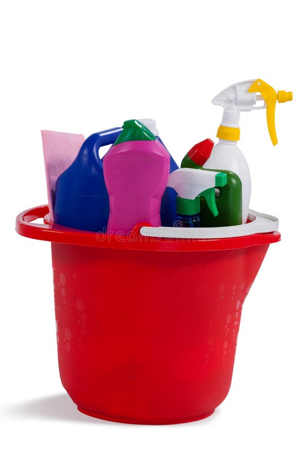 Various Household Cleaning Supplies in a Bucket Stock Photo - Image of ...