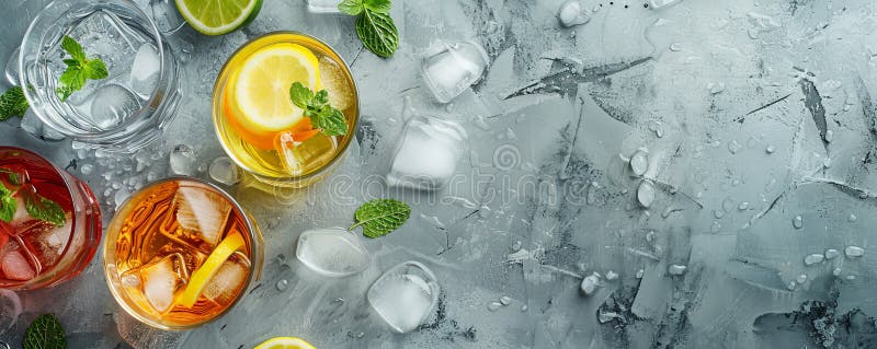 Various Ice-cold Drinks Placed on a Gray Surface from Above, with Ample ...
