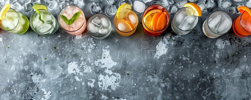Various Ice-cold Drinks Placed on a Gray Surface from Above, with Ample ...