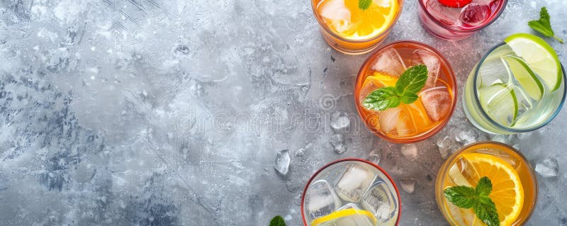 Various Ice-cold Drinks Placed on a Gray Surface from Above, with Ample ...