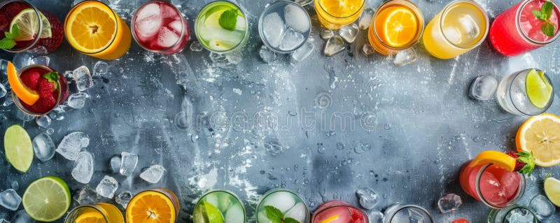 Various Ice-cold Drinks Placed on a Gray Surface from Above, with Ample ...